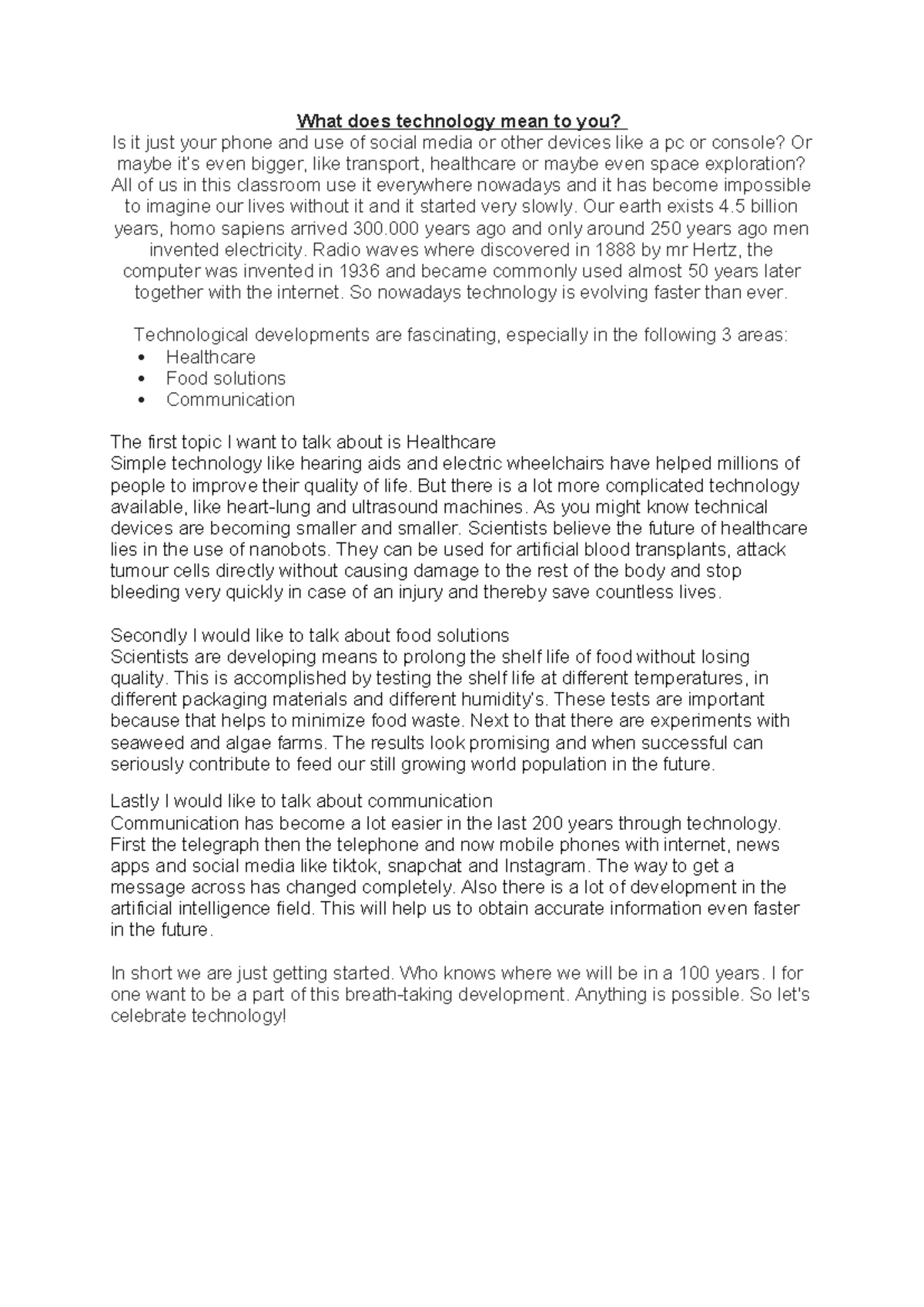 Speech on the Impact of Technology II - Studeersnel