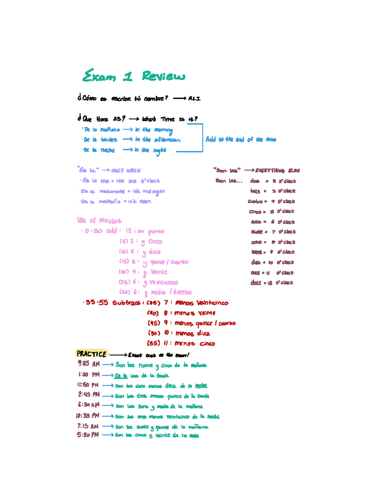 SPN 1010 Final Exam 1 Review: Telling Time and Verbs - Studocu