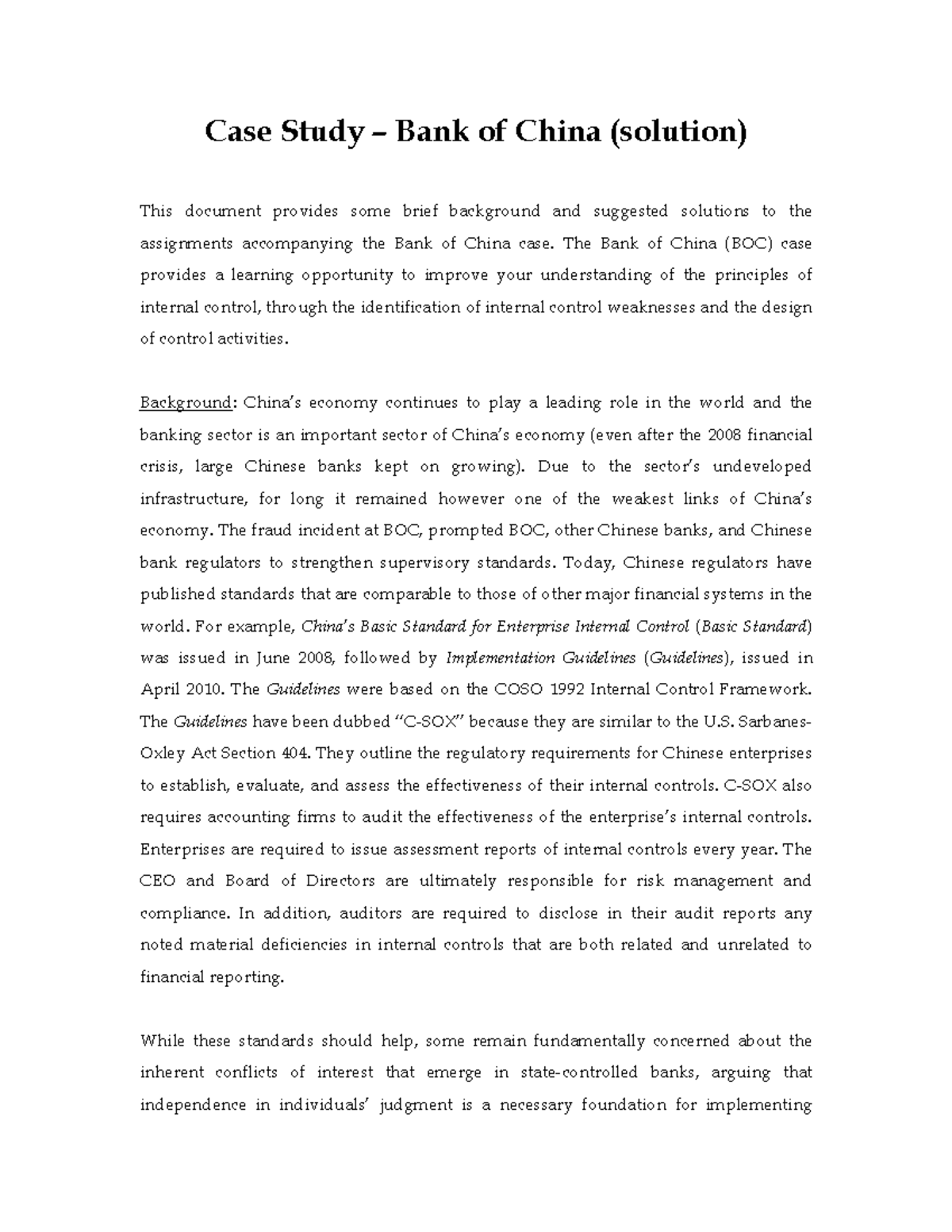 Case Study: Bank of China (BOC) Internal Control Solutions - Studocu