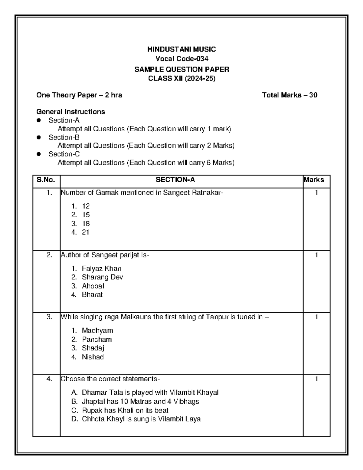 Hindustani Vocal Sample Question Paper - Class XII (034) - Studocu