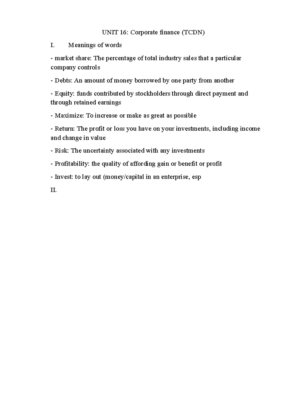 Tacn2 review - 222 - UNIT 16: Corporate finance (TCDN) I. Meanings of words market share: The ...