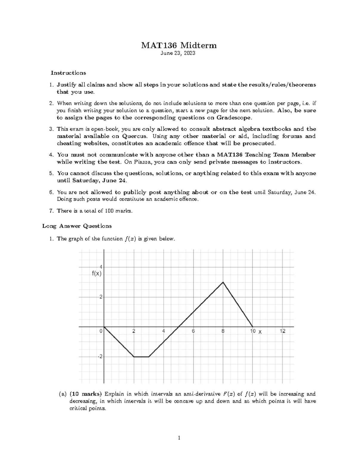 MAT136 Summer 2023 Midterm Solutions with Detailed Explanations - Studocu