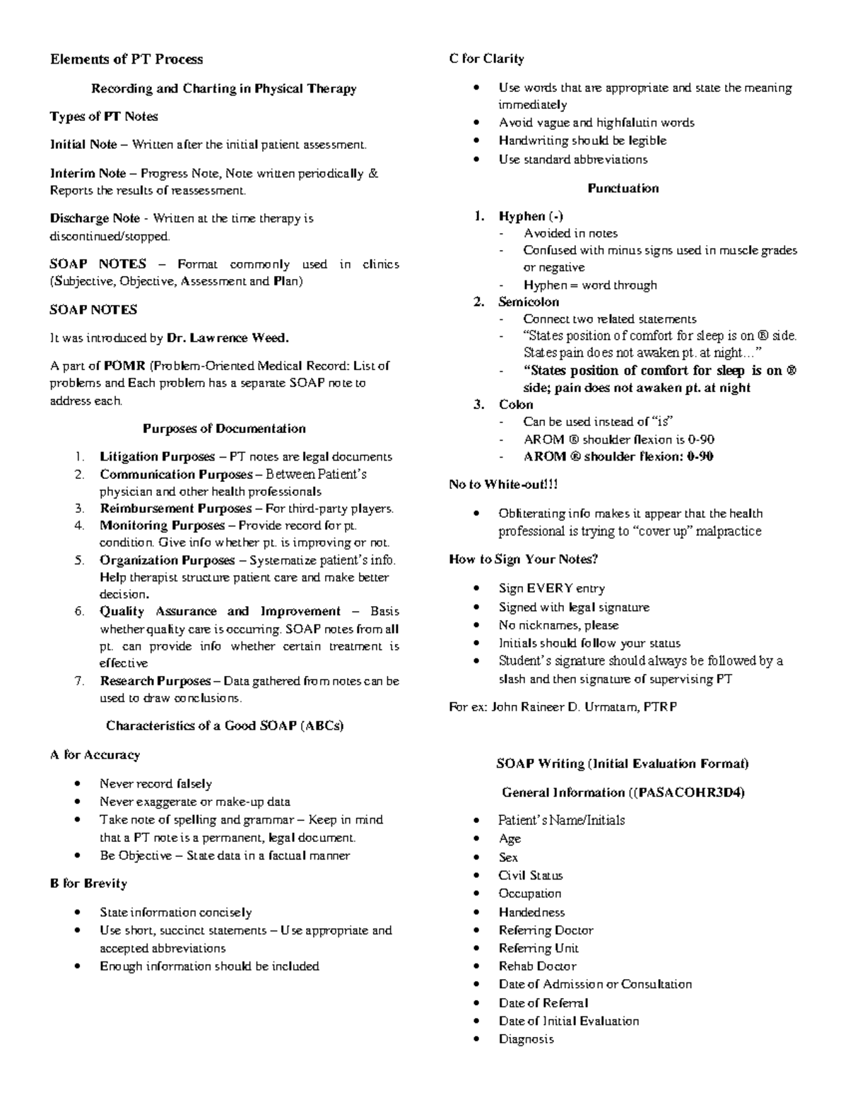 EE PT - Examination and Evaluation in Physical Therapy - Elements of PT Process Recording and ...