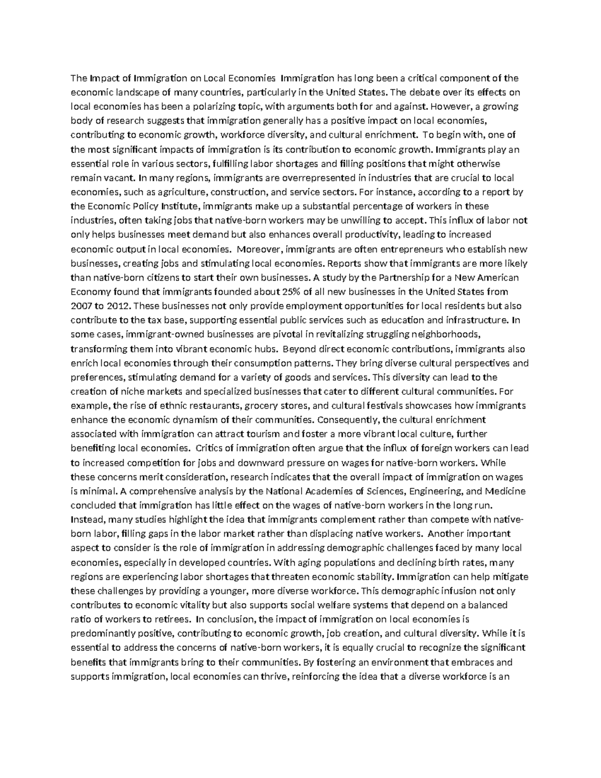 The Economic Effects of Immigration on Local Economies - Studocu