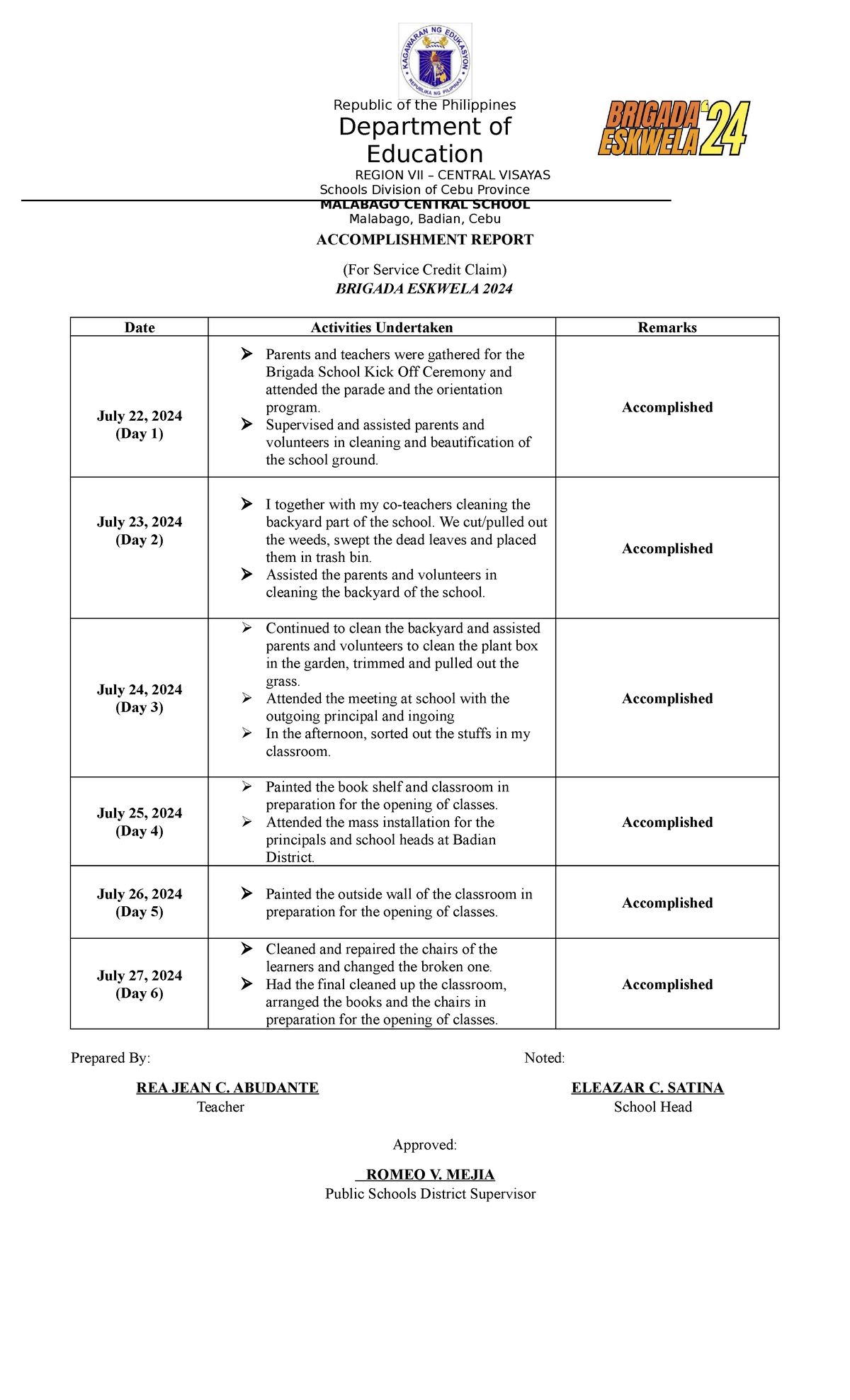 accomplishment report in Brigada - ACCOMPLISHMENT REPORT (For Service ...