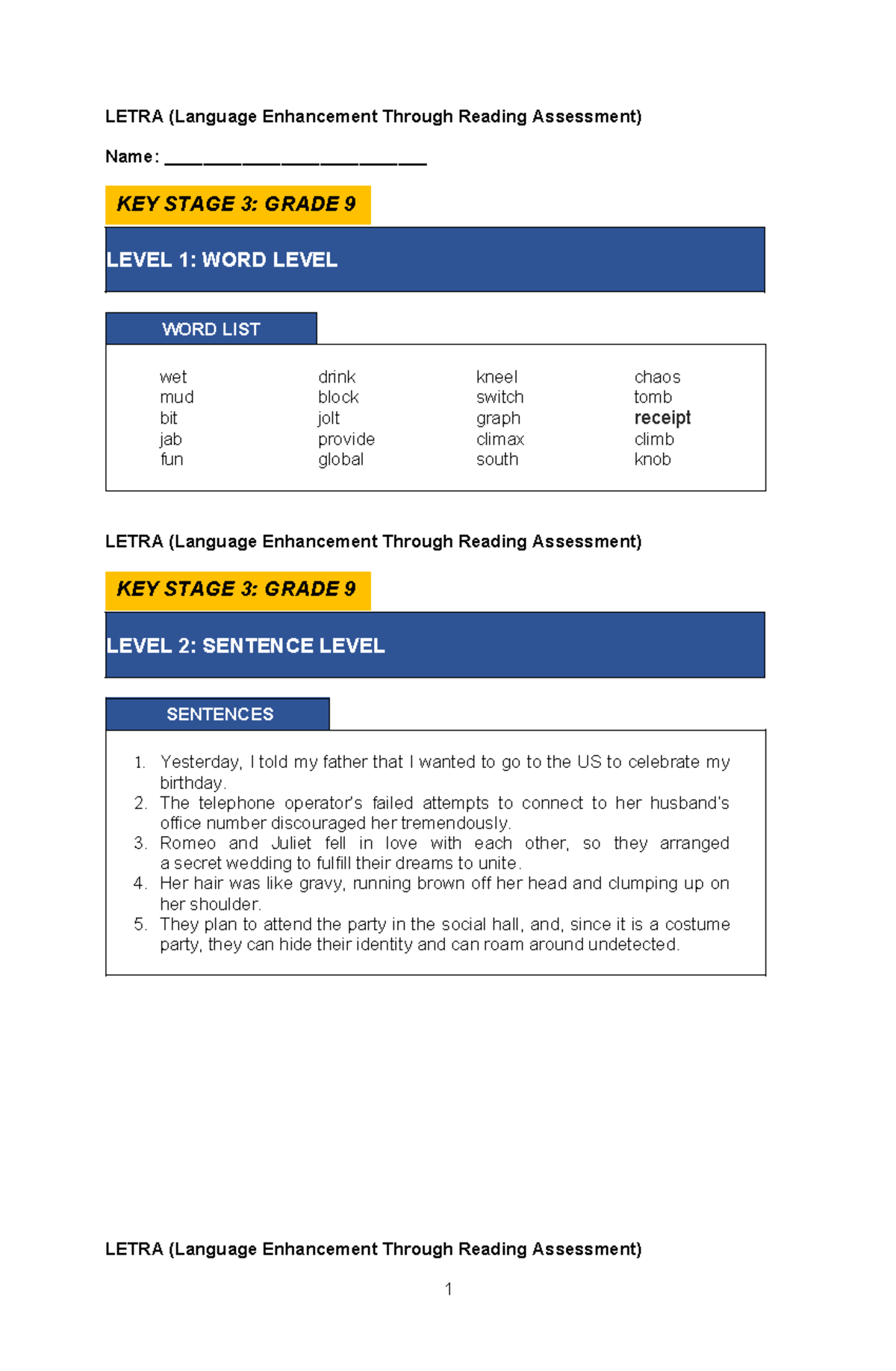 LETRA Grade 9 Editable Reading Assessment and Comprehension Guide - Studocu