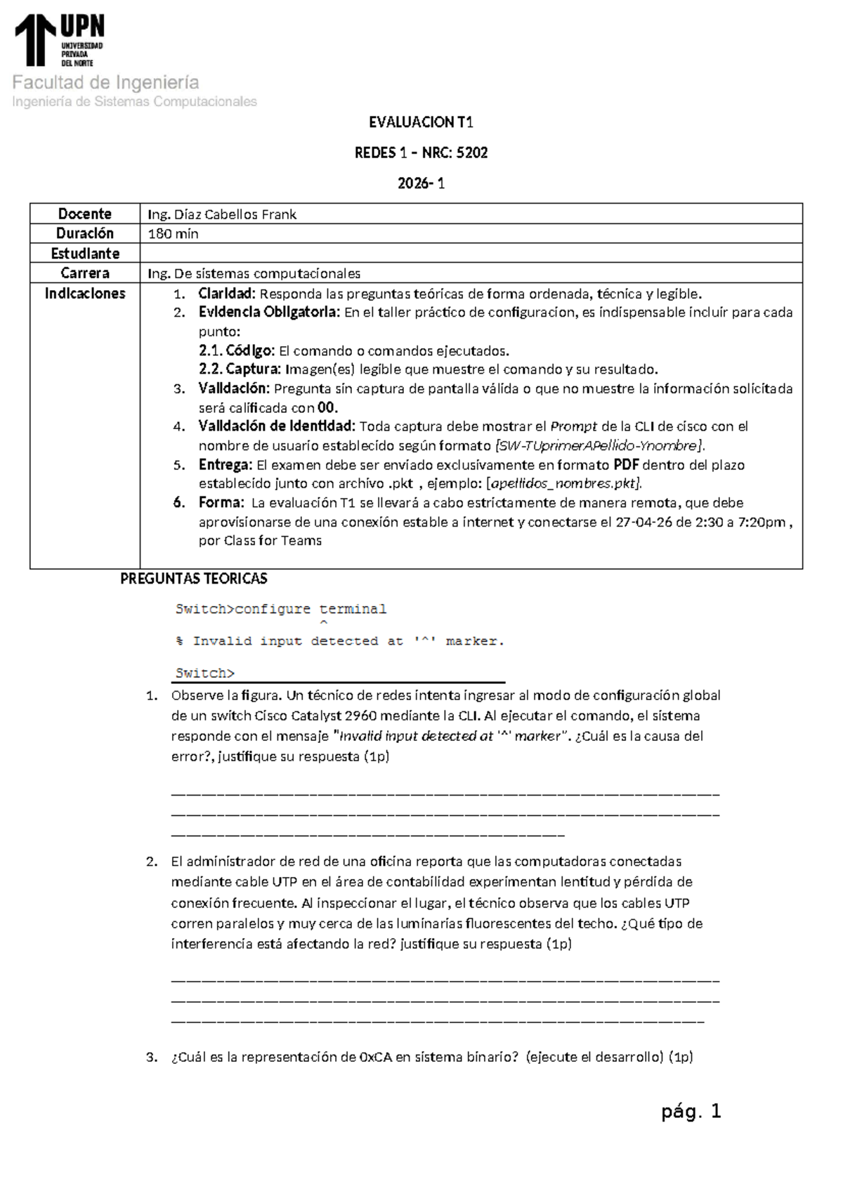 Evaluación T1 Redes 1 NRC: 5202 - Teoría y Práctica - Studocu