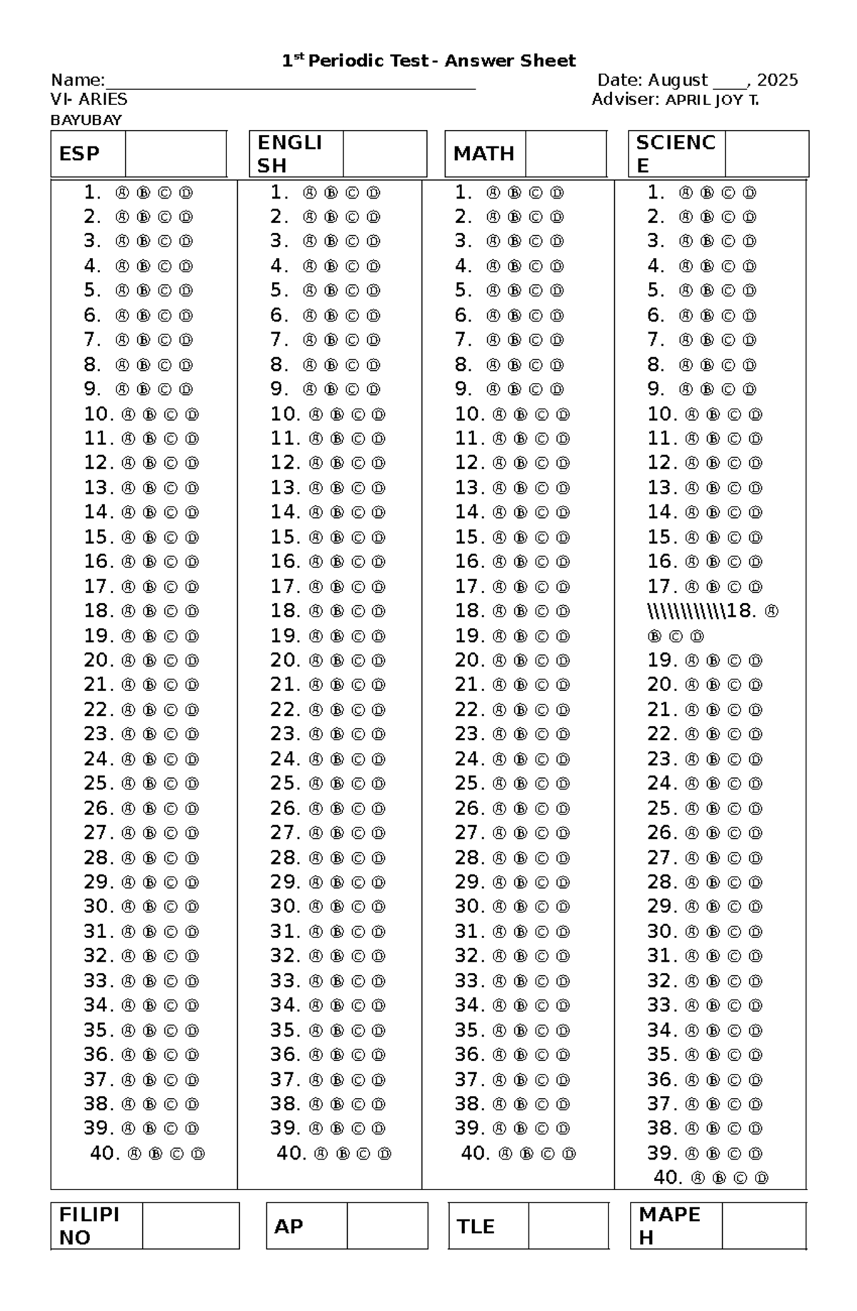 1st Periodic Test - Answer Sheet (ESP, FIL, ENG, MATH, SCI) - Studocu