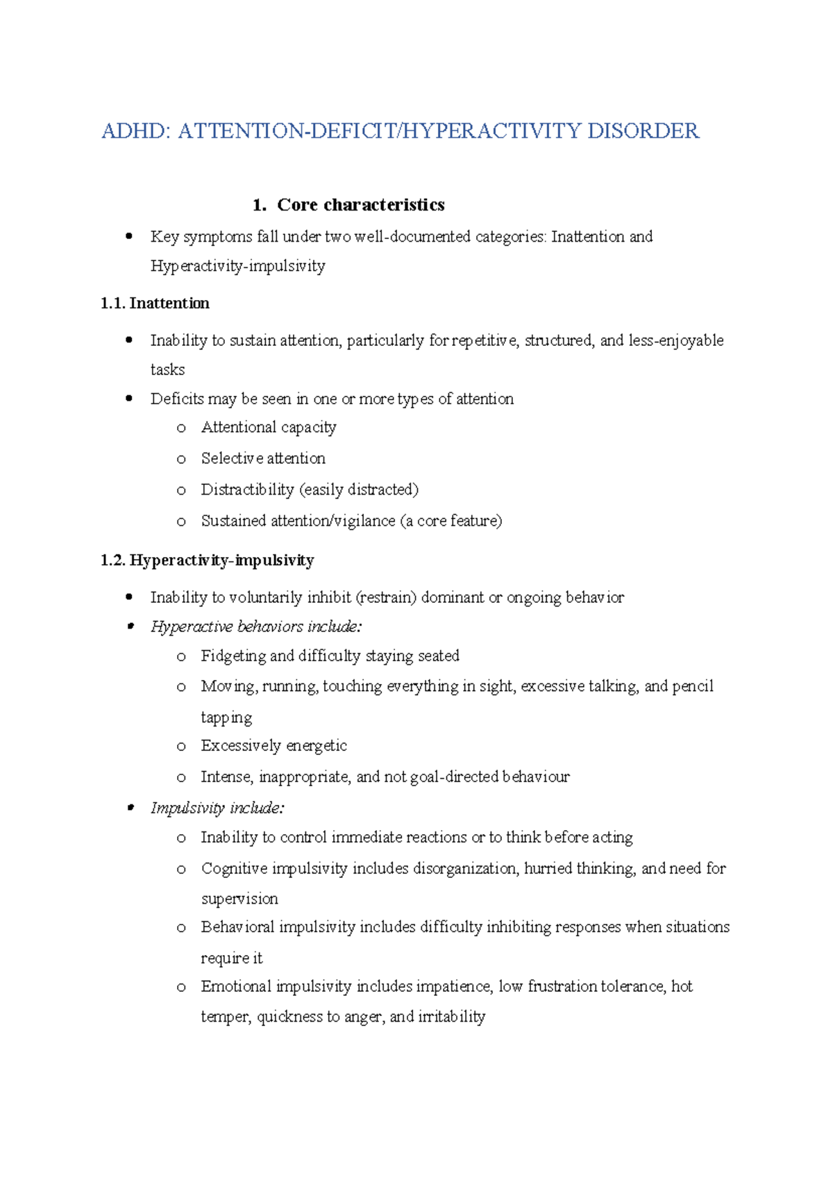 ADHD (Final Exam) - Comprehensive Summary of Characteristics and ...