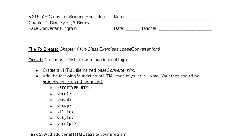 M319: AP Computer Science Principles Chapter 4 - Base Converter Program - Studocu
