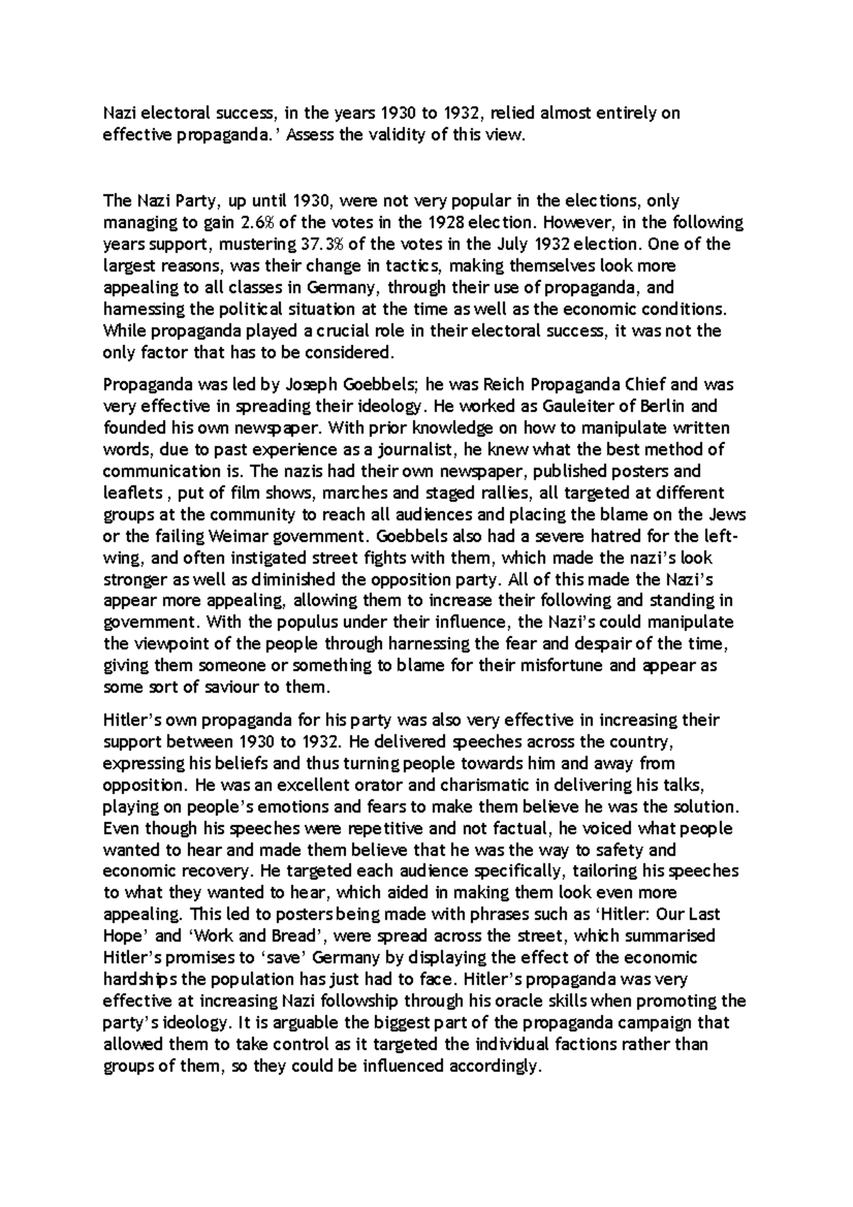 Assessing Nazi Electoral Success 1930-32: The Role of Propaganda - Studocu