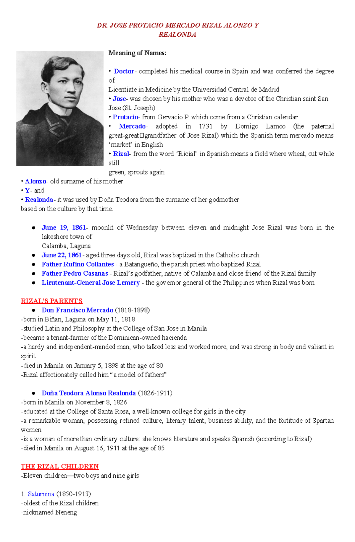 G.E.9 - Outline of Life Dr. Jose Rizal - DR. JOSE PROTACIO MERCADO ...