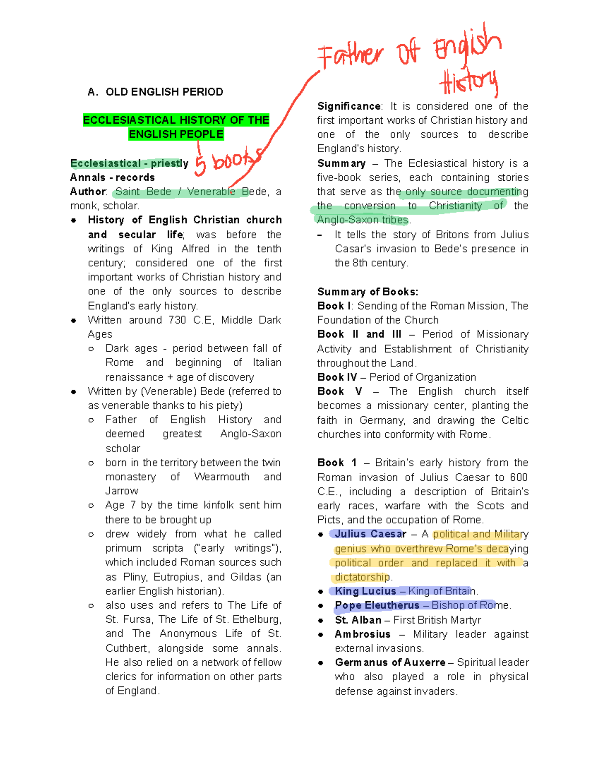 EL 111 - Ecclesiastical History of the English People: Key Notes - Studocu