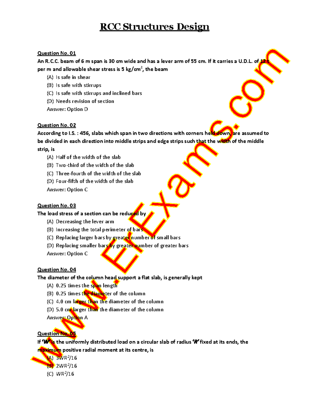 RCC Structures Design Exam Questions and Answers (erexams) - Studocu