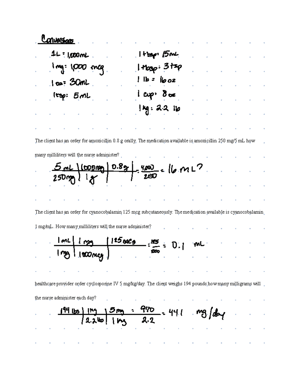 Med Calc Practice VCAS - Dimensional Analysis for NR 226 - Studocu