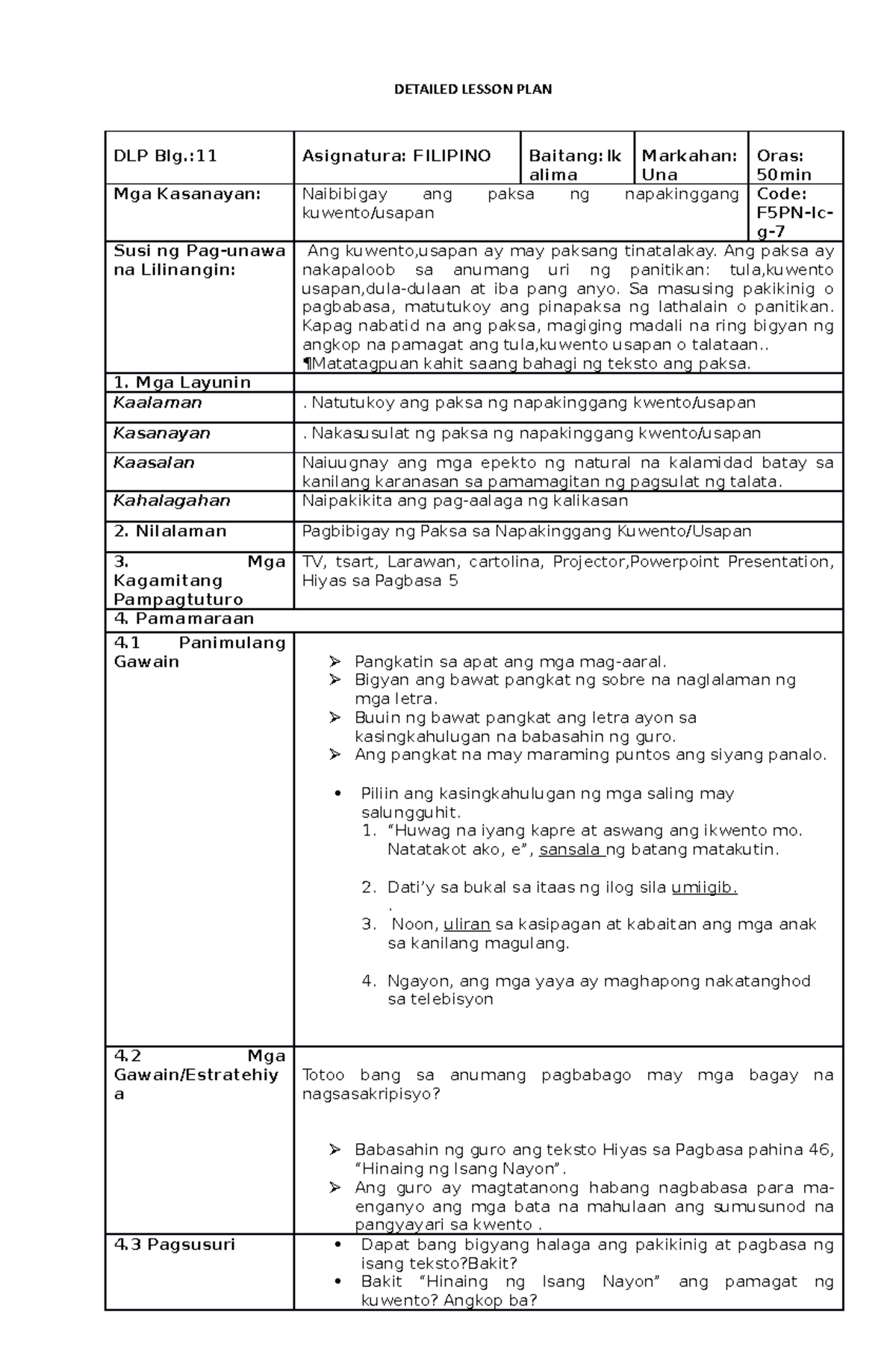 DLP 11 - Filipino Lesson Plan: Identifying Main Topics in Texts - Studocu