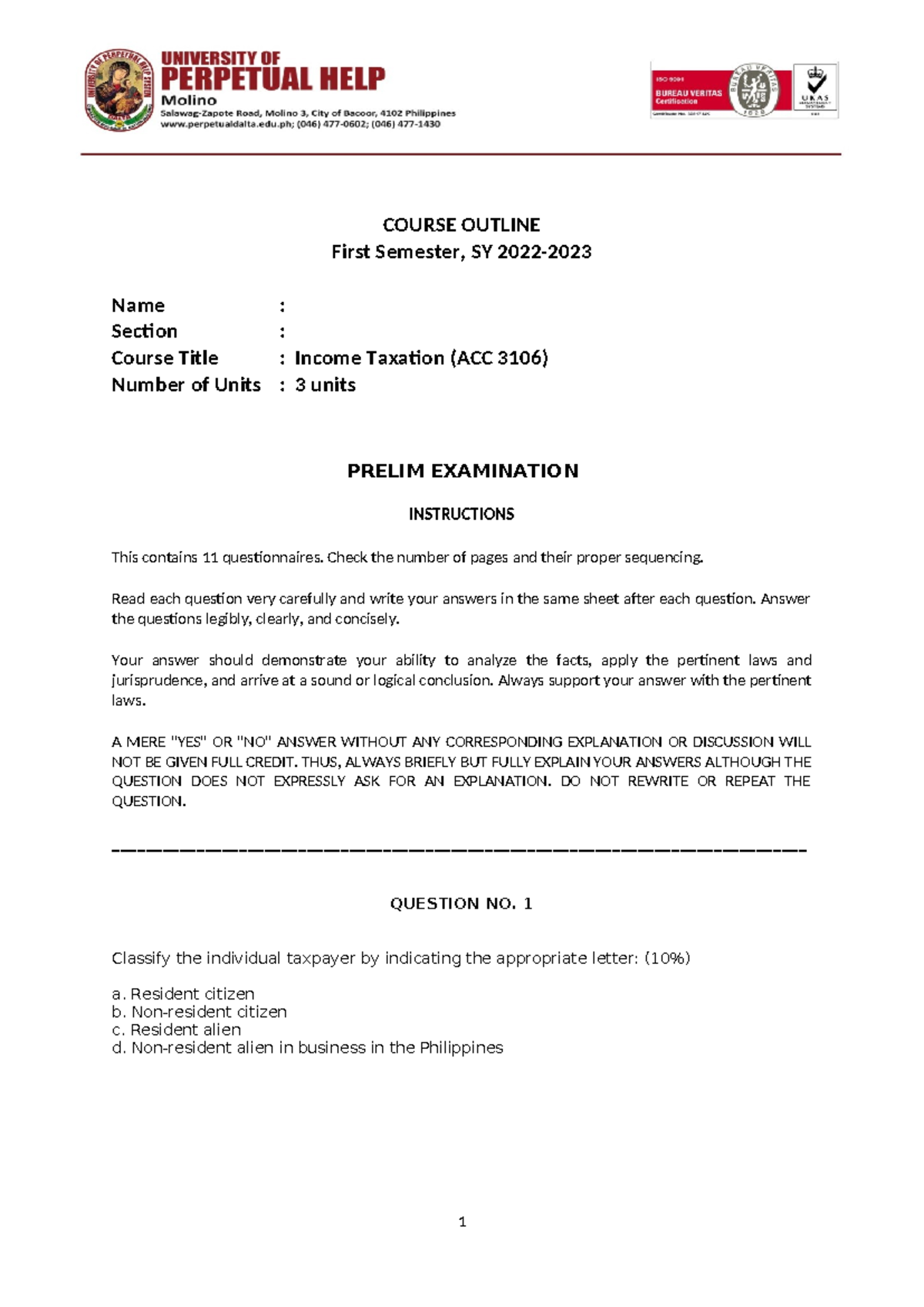 ACC 3106 Prelim Exam - Practice quiestions - COURSE OUTLINE First ...