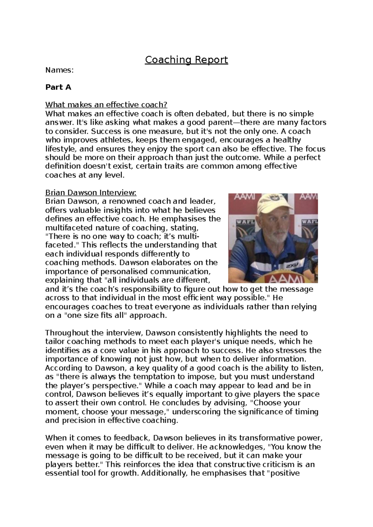 Coaching Report 1122: Insights on Effective Coaching Strategies - Studocu