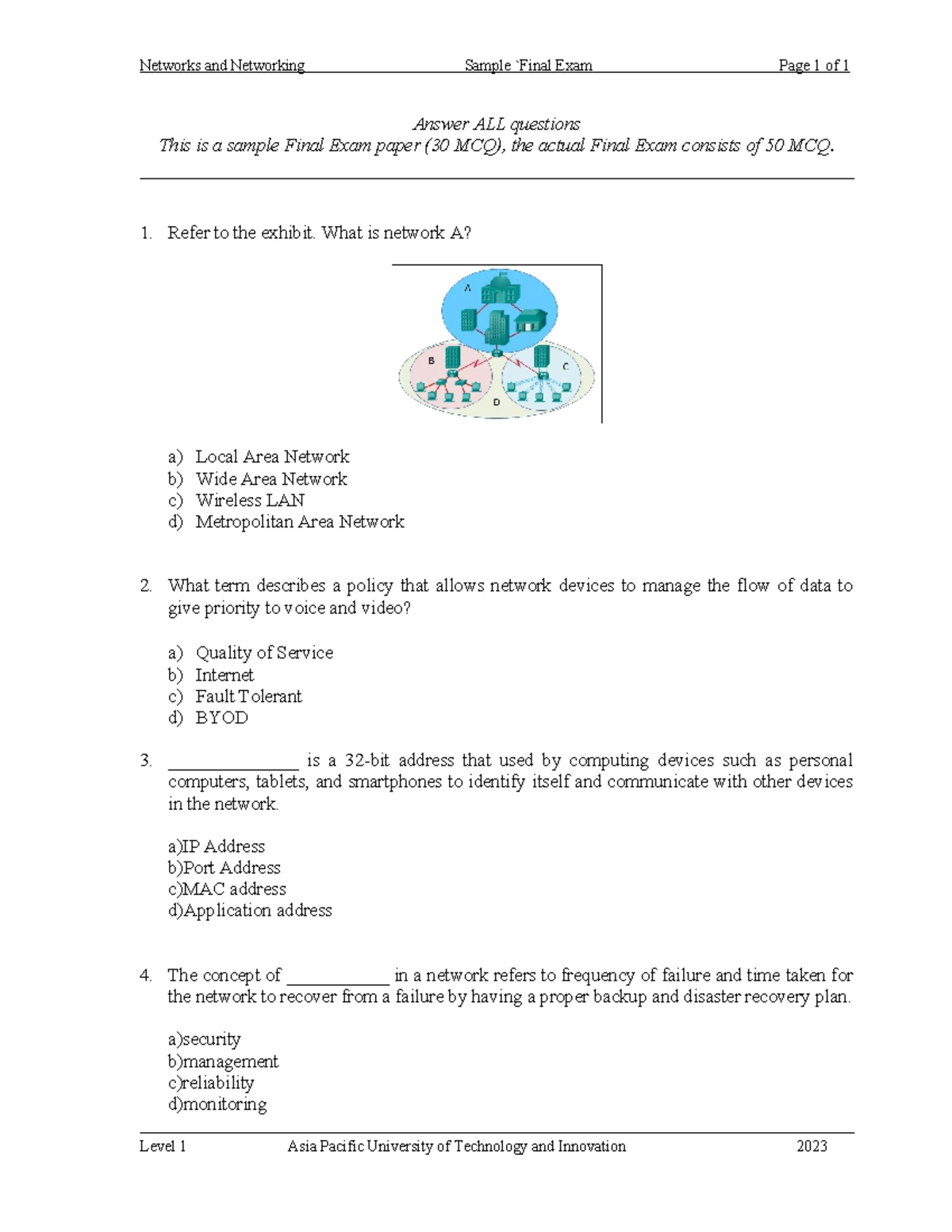 Networking Mock Test Solutions (With Answer Key) - Studocu
