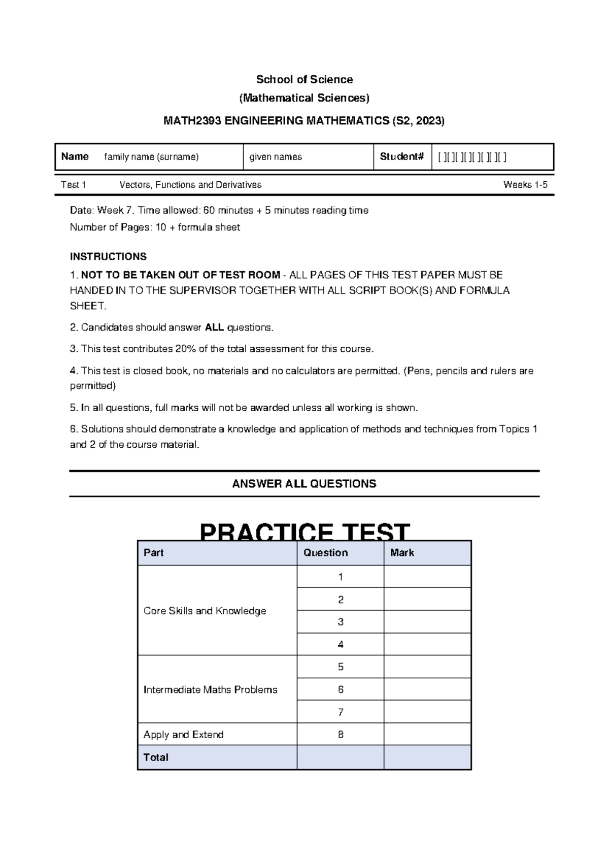 MATH2393 Engineering Mathematics Practice Test (S2, 2023) - Studocu
