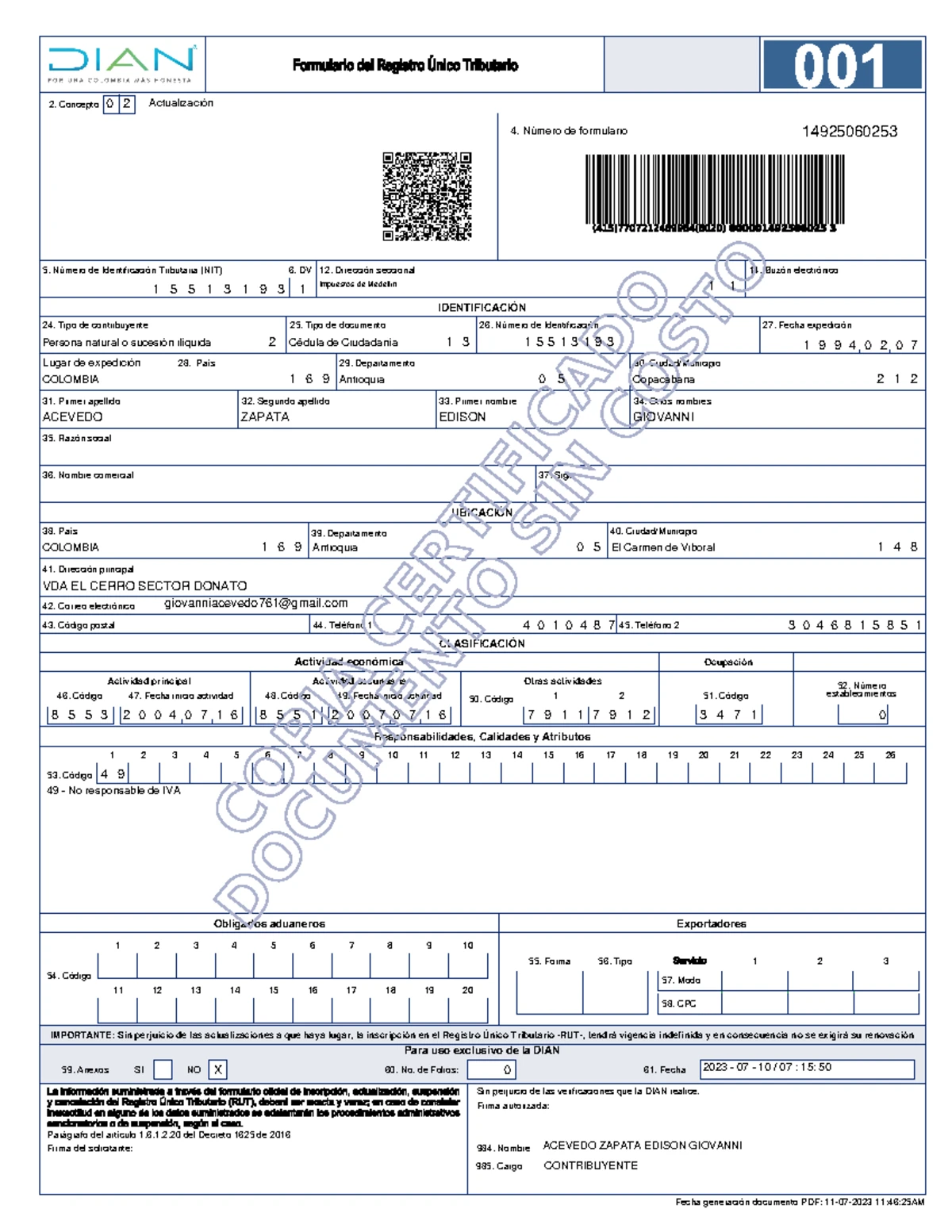RUT y Registro Único Tributario: Formulario DIAN 001 Actualización ...