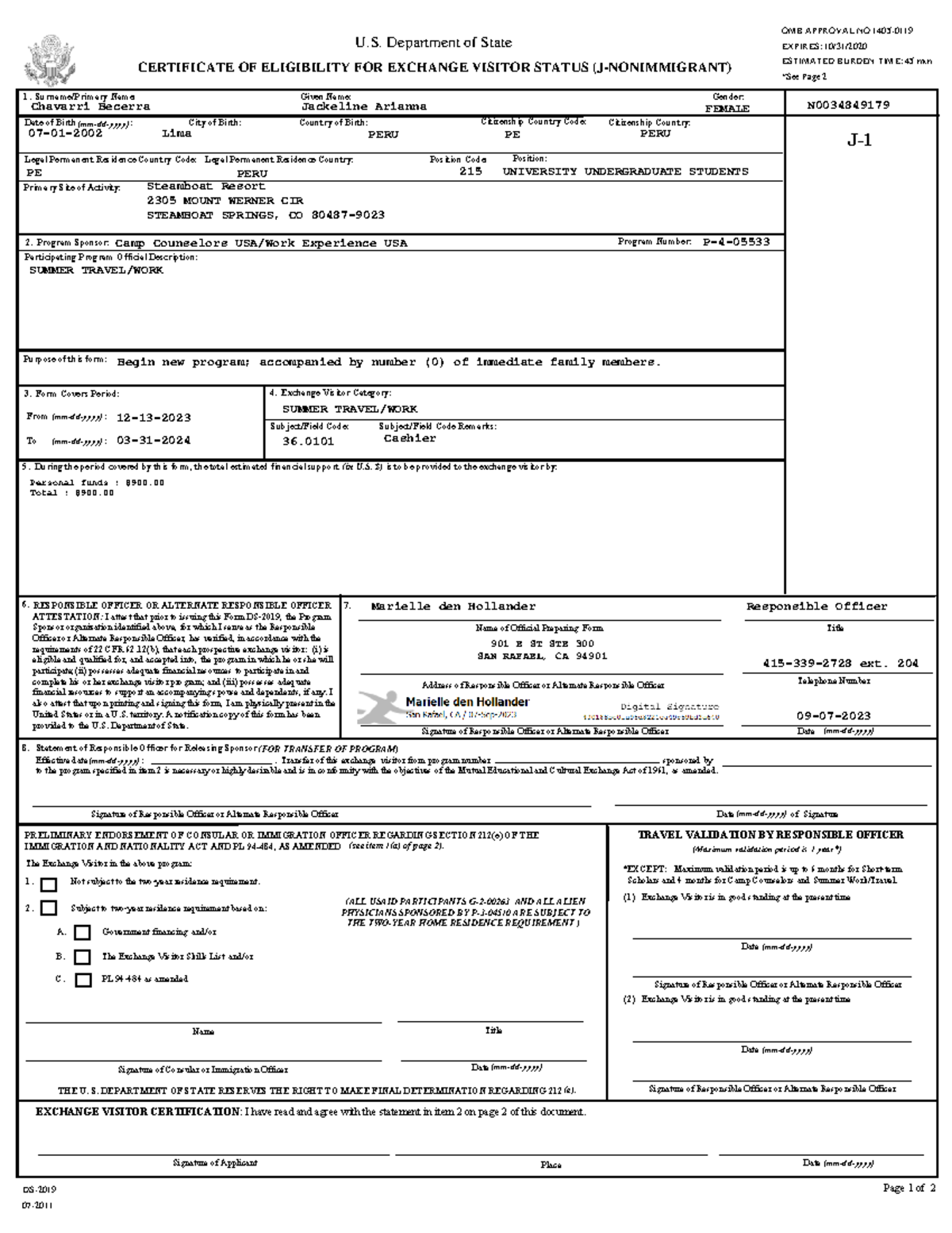 Certificate of Eligibility for Exchange Visitor Status (DS-2019) - Studocu