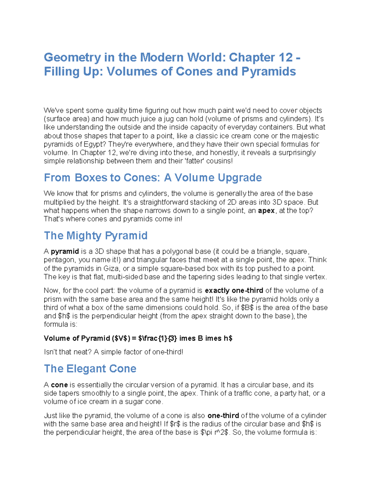 Geometry 101: Chapter 12 - Volumes of Cones & Pyramids - Studocu