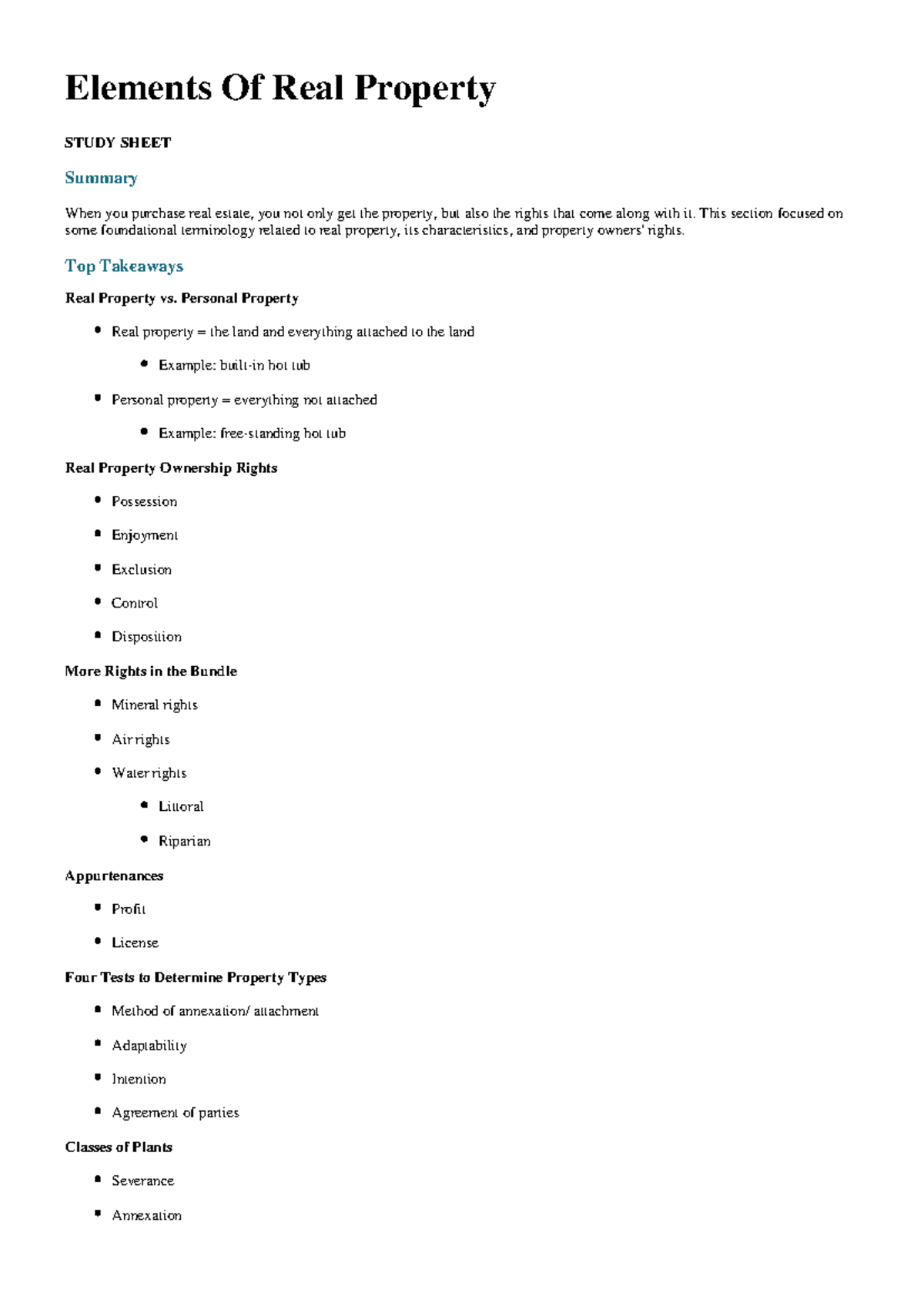 Elements of Real Property Study Sheet - Elements Of Real Property STUDY ...