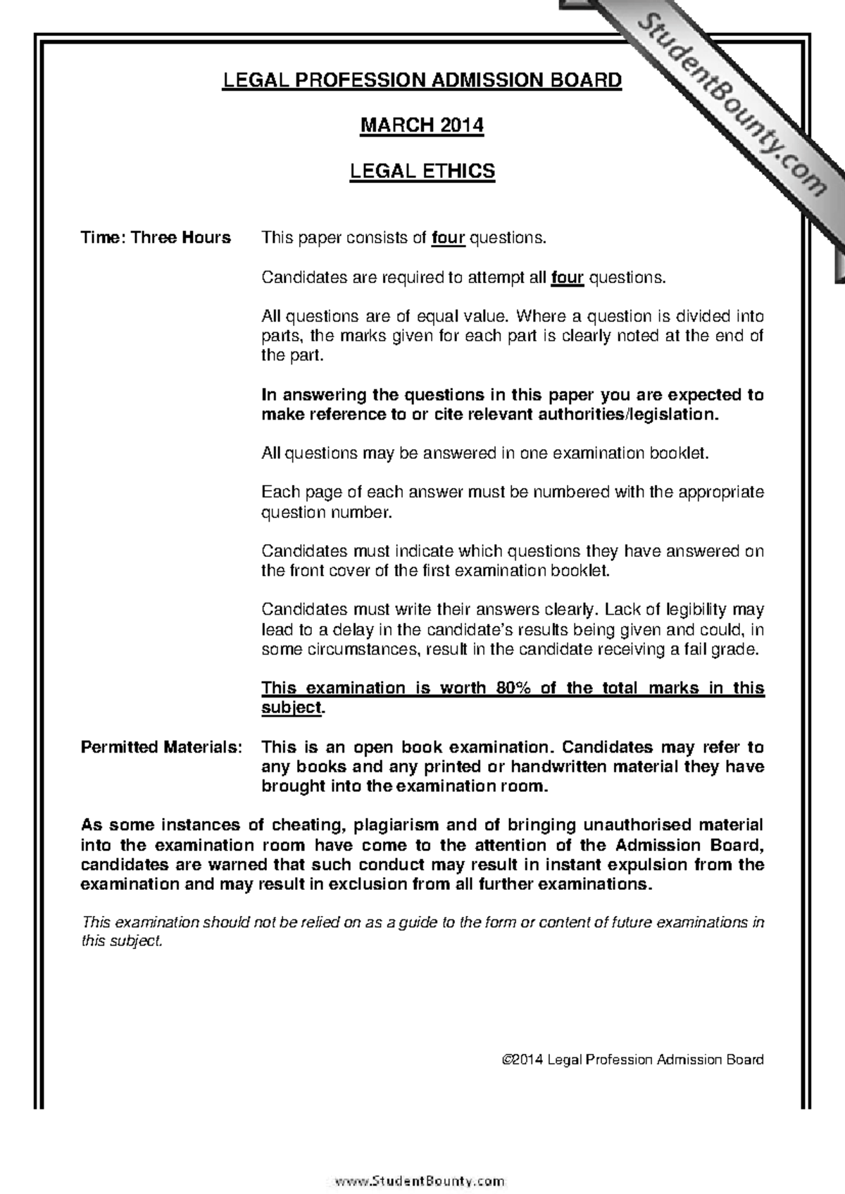 Legal Ethics Exam - Legal Profession Admission Board - March 2014 - Studocu