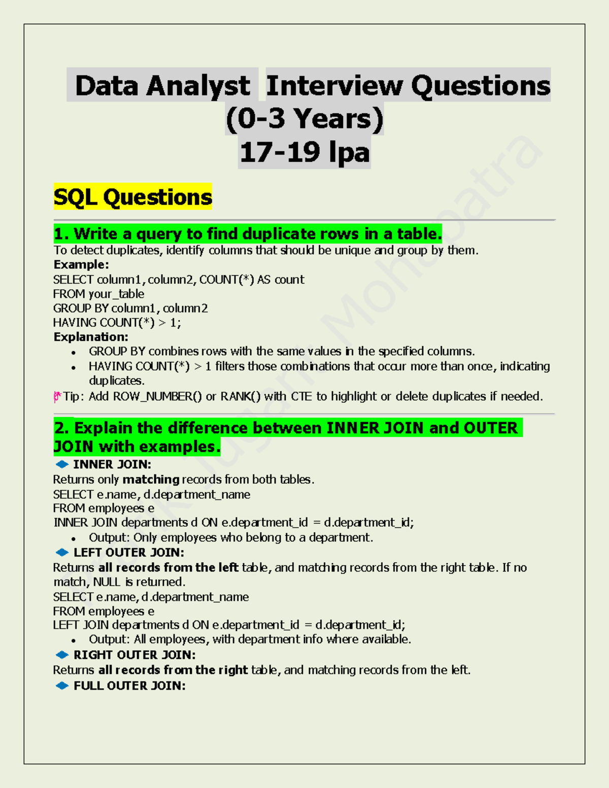 SQL Interview Guide for Data Analyst (1749160718) - Key Questions & Answers - Studocu