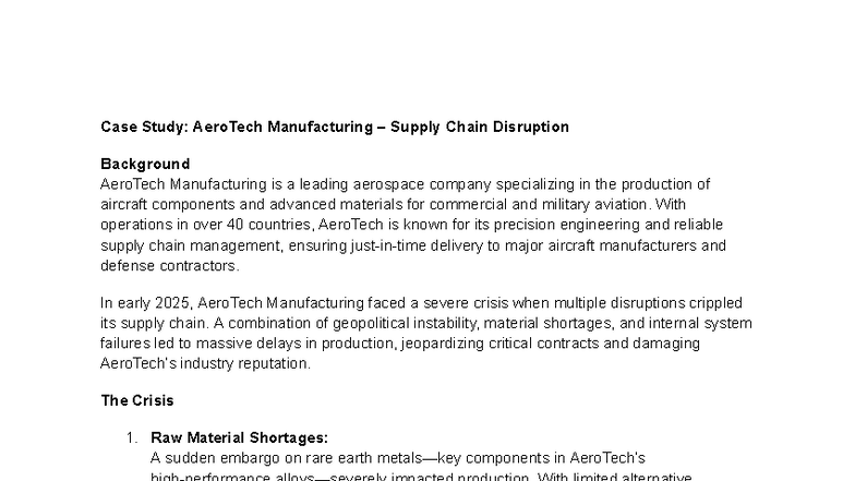 Case Study: AeroTech Manufacturing Supply Chain Crisis Analysis - Studocu