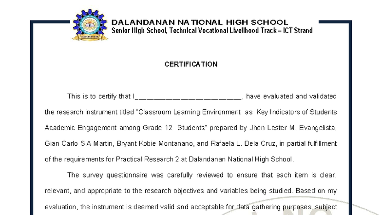 Certification of Research Instrument Validation for PR2 - Studocu