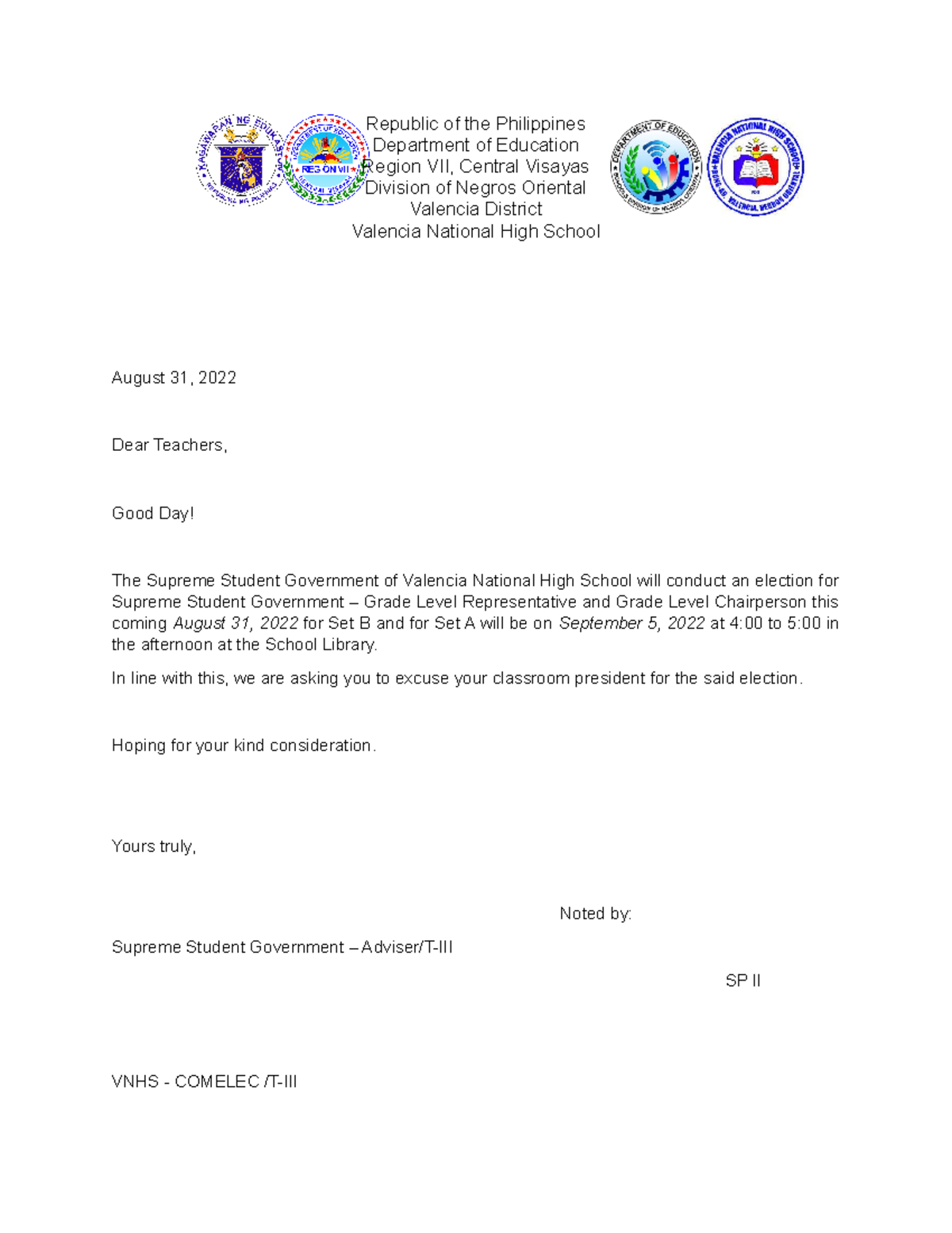 Letter FOR Election - Republic of the PhilippinesDepartment of ...