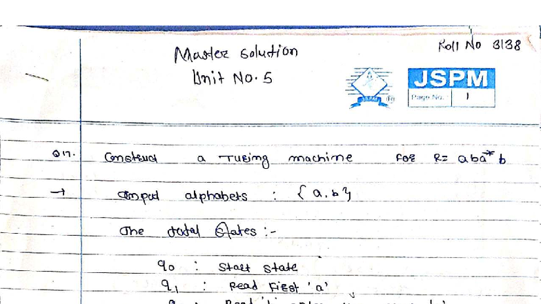 Toc Master Solution Unit 5: Turing Machine Designs and Concepts - Studocu