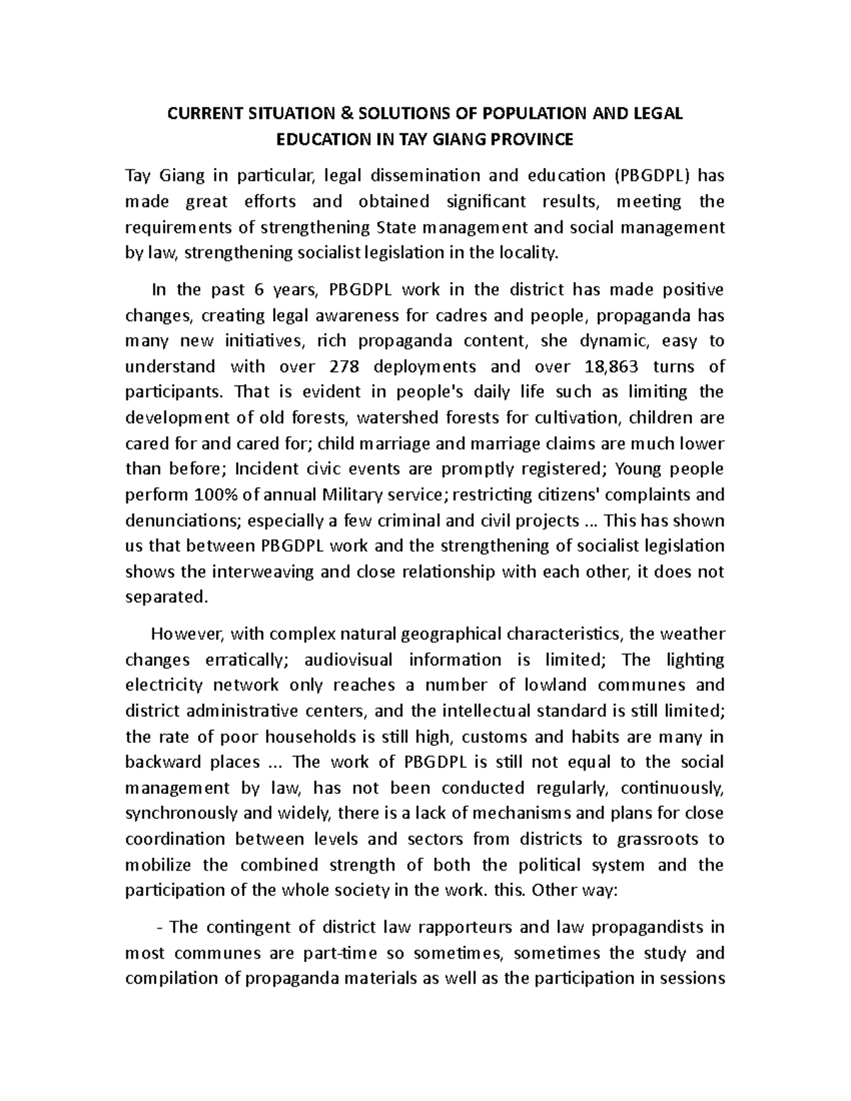 Current Situation & Solutions OF Population AND Legal Education IN TAY ...