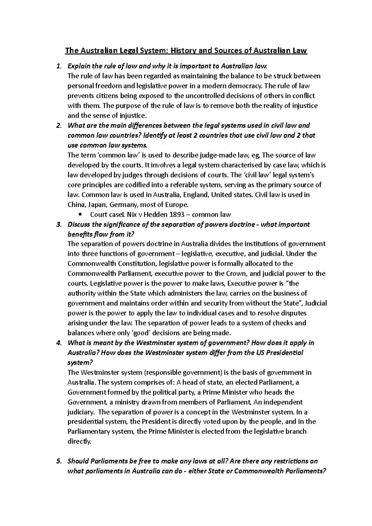 Tutorial 2 Answers: Understanding the Australian Legal System - Studocu