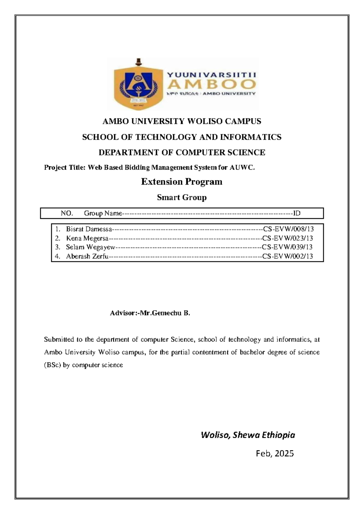 Industrial Project Part I BMS ken - AMBO UNIVERSITY WOLISO CAMPUS ...