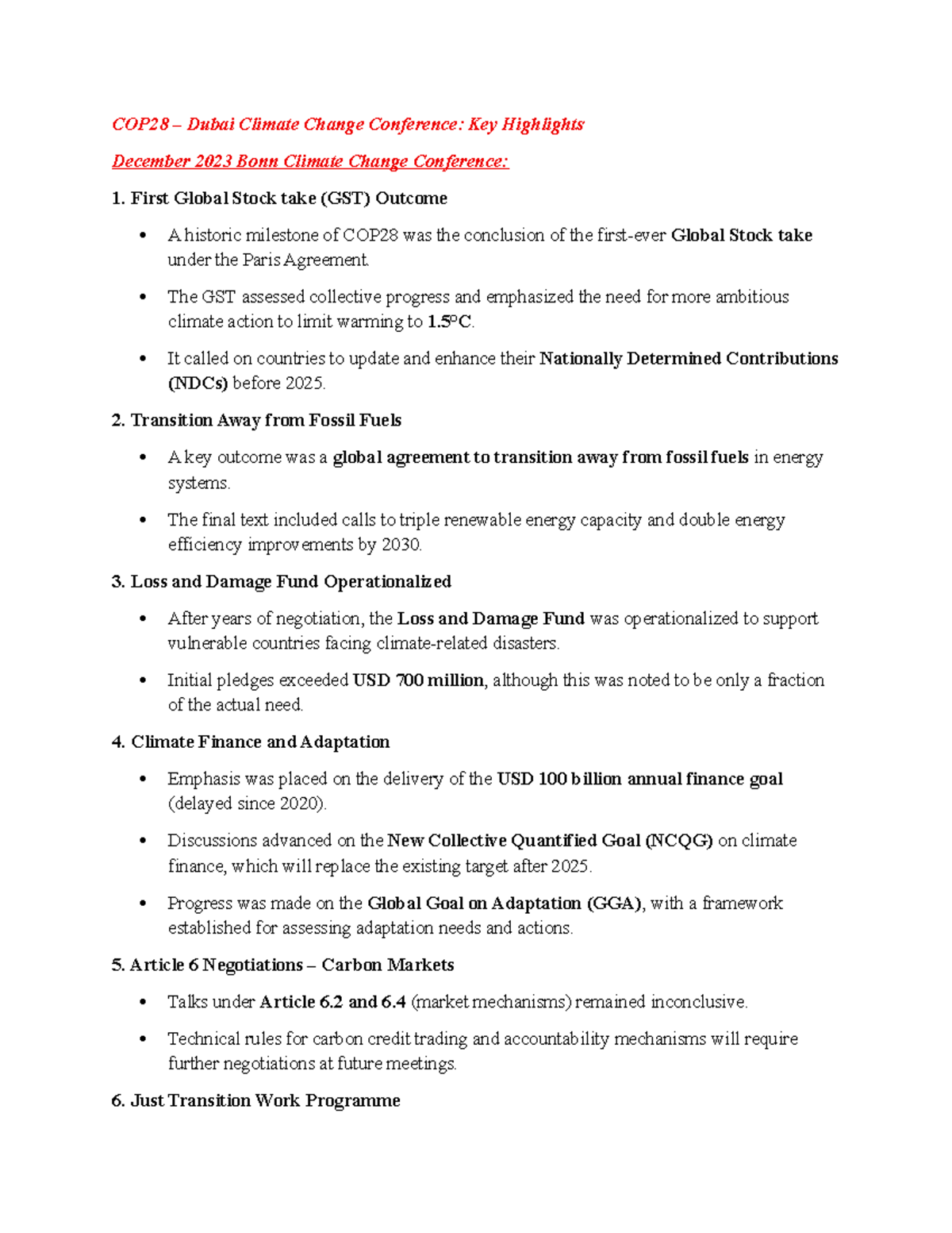 COP28 (Dec 2023) Climate Change Conference: Key Outcomes - Studocu