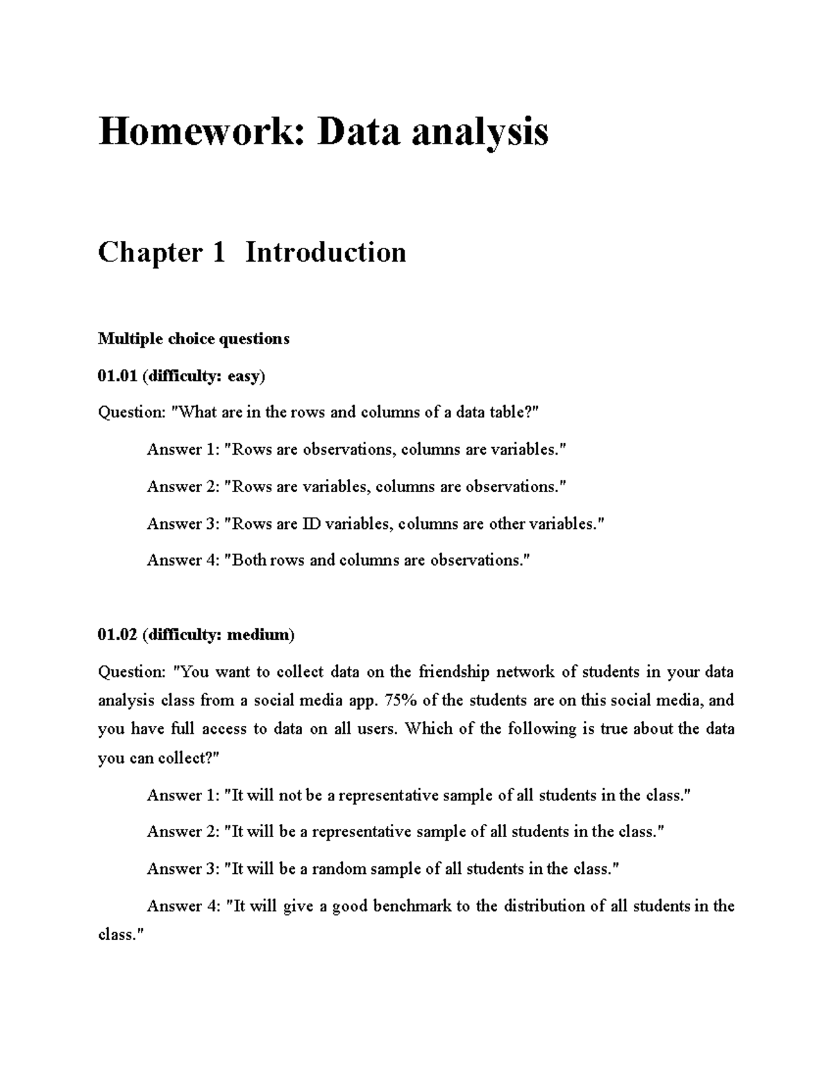 Homework: Data Analysis Chapter Questions and Answers (Ch. 1-5) - Studocu