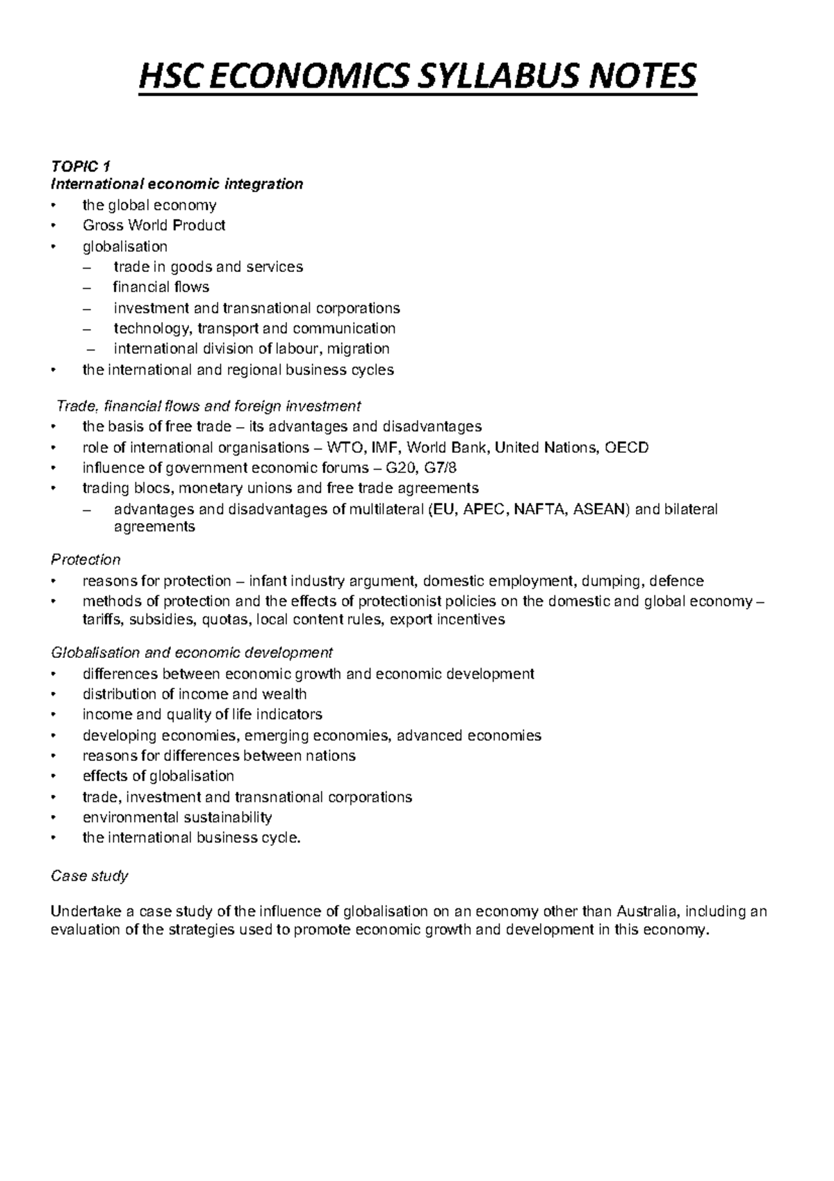 HSC ECONOMICS Final Course Notes: Comprehensive Topic Overview - Studocu