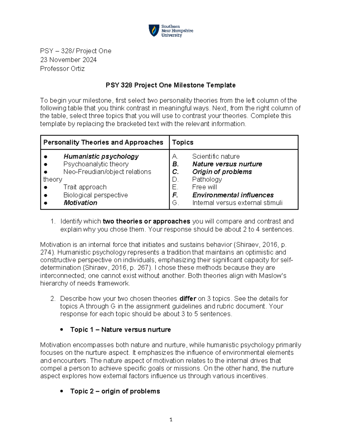PSY - 328 Project 1STU - PSY – 328/ Project One 23 November 2024 ...