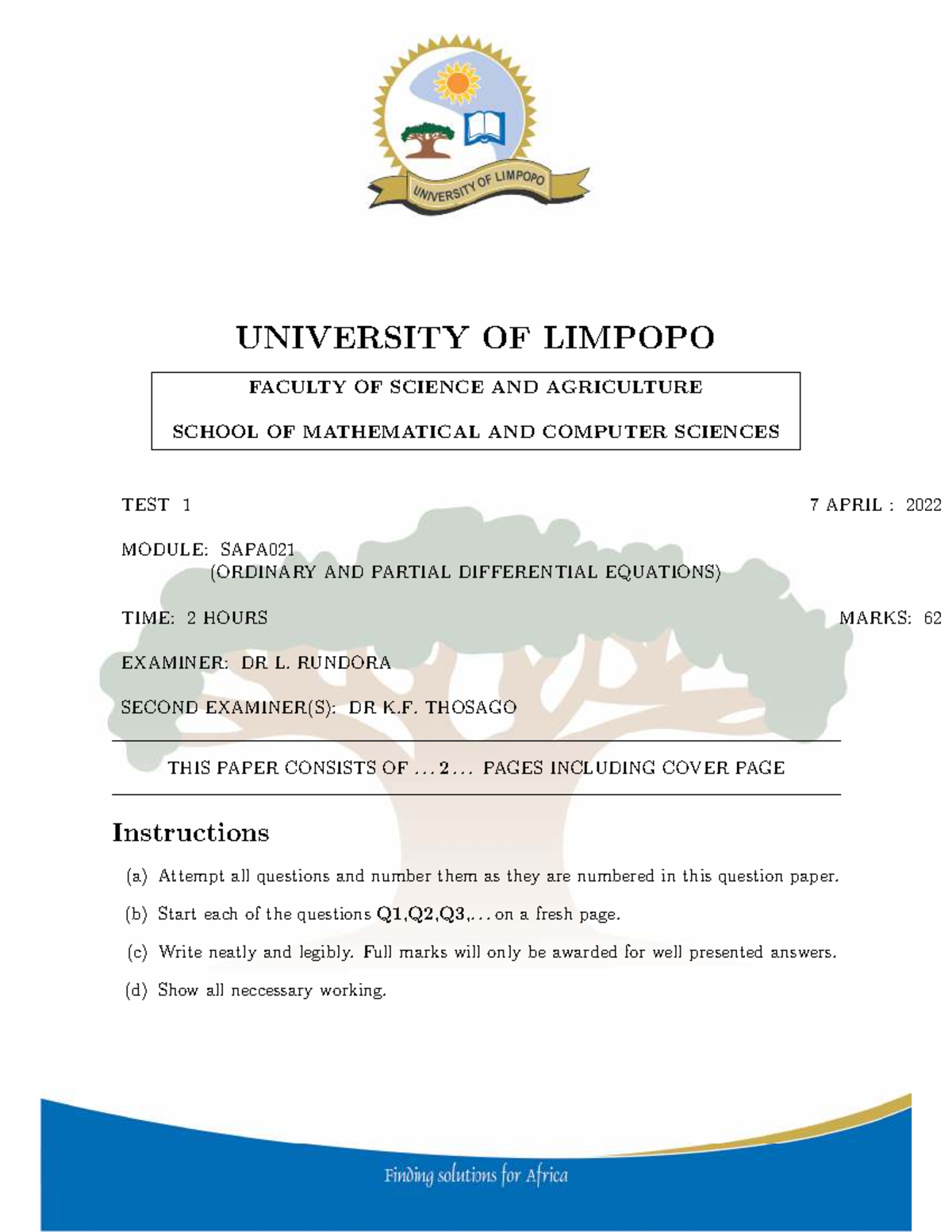 SAPA021 2022 Test 1: Ordinary & Partial Differential Equations - Studocu