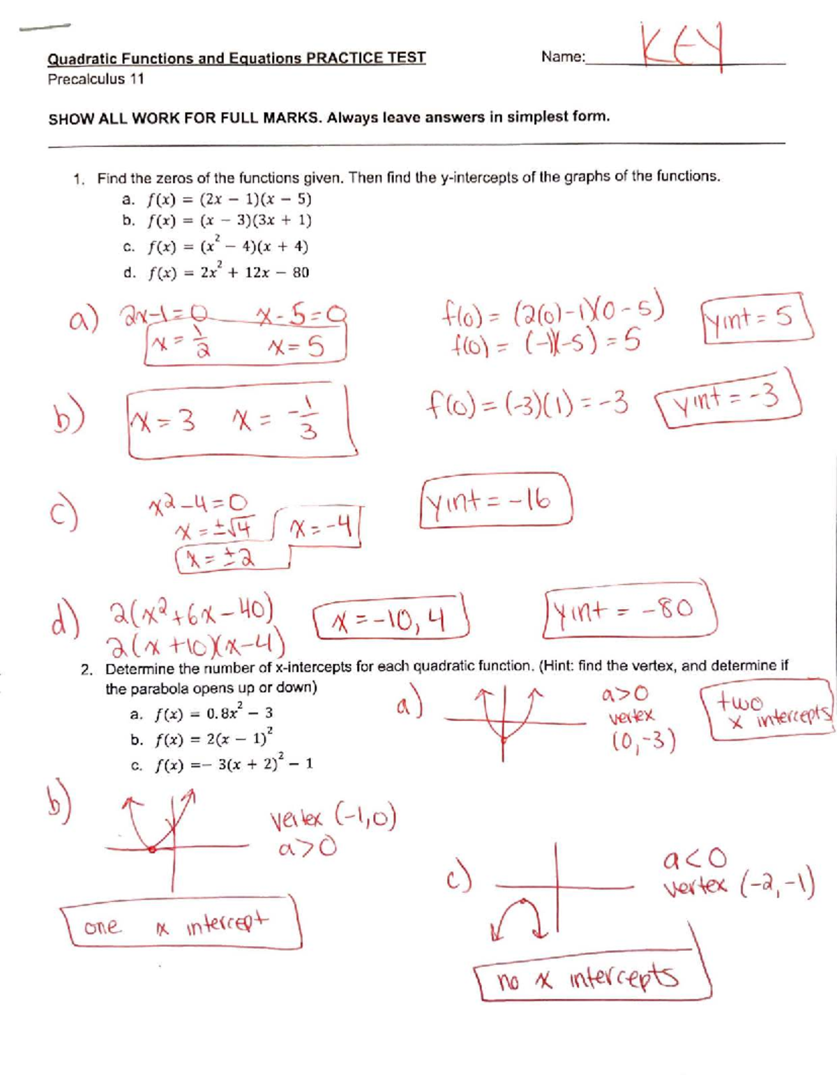 Quadratic Functions and Equations Practice Test Solutions - Precalculus ...