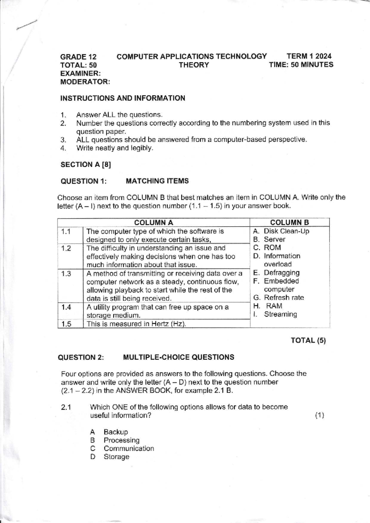 CAT 2024 Term 1 Theory Exam Paper: Grade 12 Computer Applications - Studocu