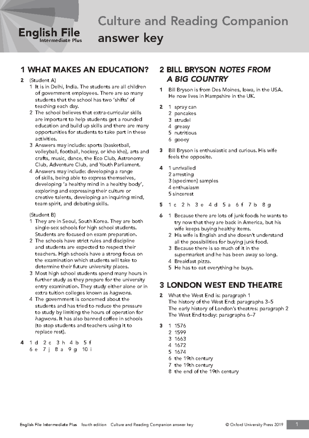 English File Intermediate Plus Culture and Reading Companion Answer Key ...
