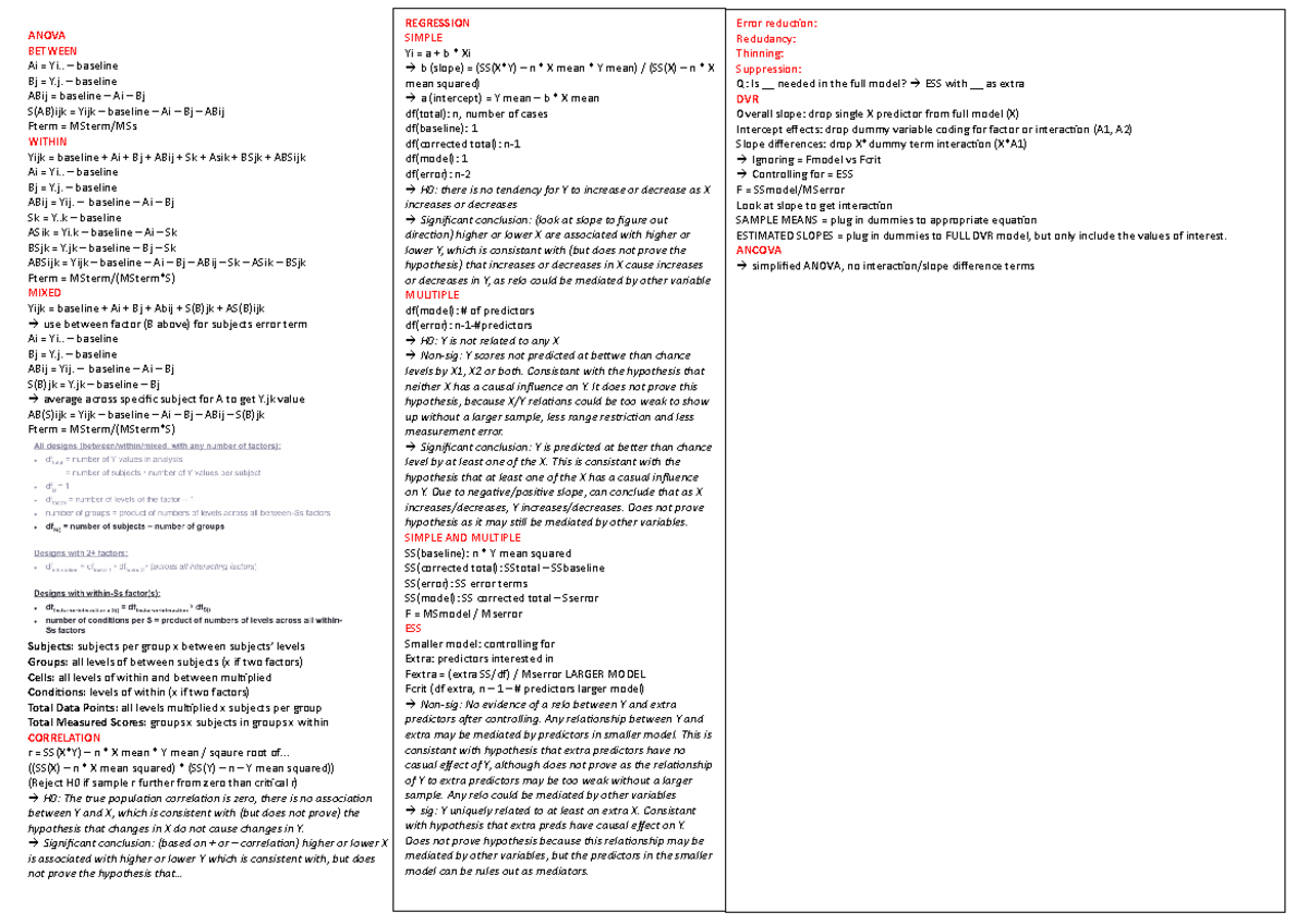 EXAM Cheat Sheet 311 - ANOVA BETWEEN Ai = Yi.. – baseline Bj = Y. – baseline ABij = baseline ...