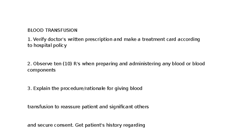 BLOOD TRANSFUSION PROCEDURE: Guidelines and Best Practices - Studocu