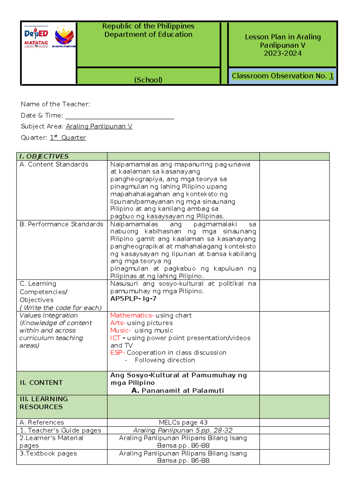CO 1 AP V - Detailed Lesson Plan for Araling Panlipunan V - Studocu