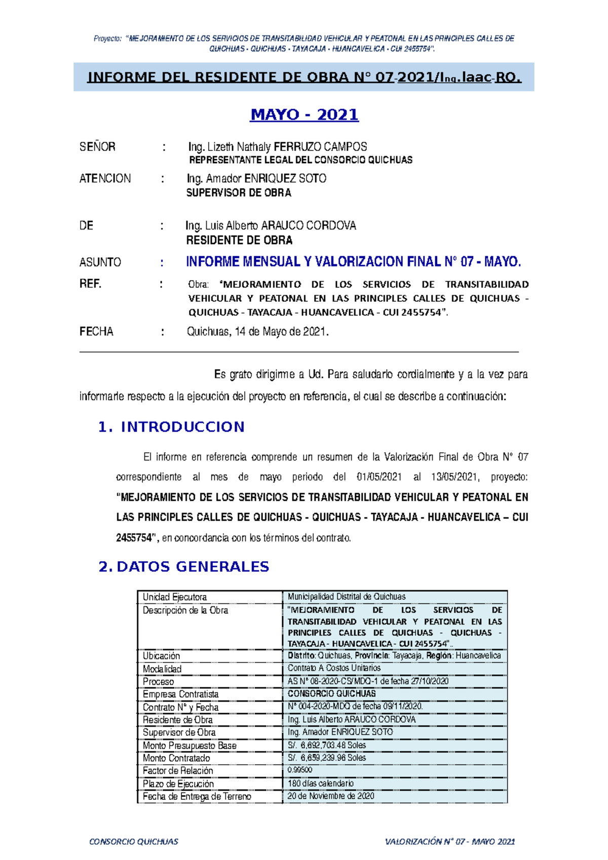 Informe de residente para entrega de valorizacion - Recepcion de Obras - UNCP - Studocu