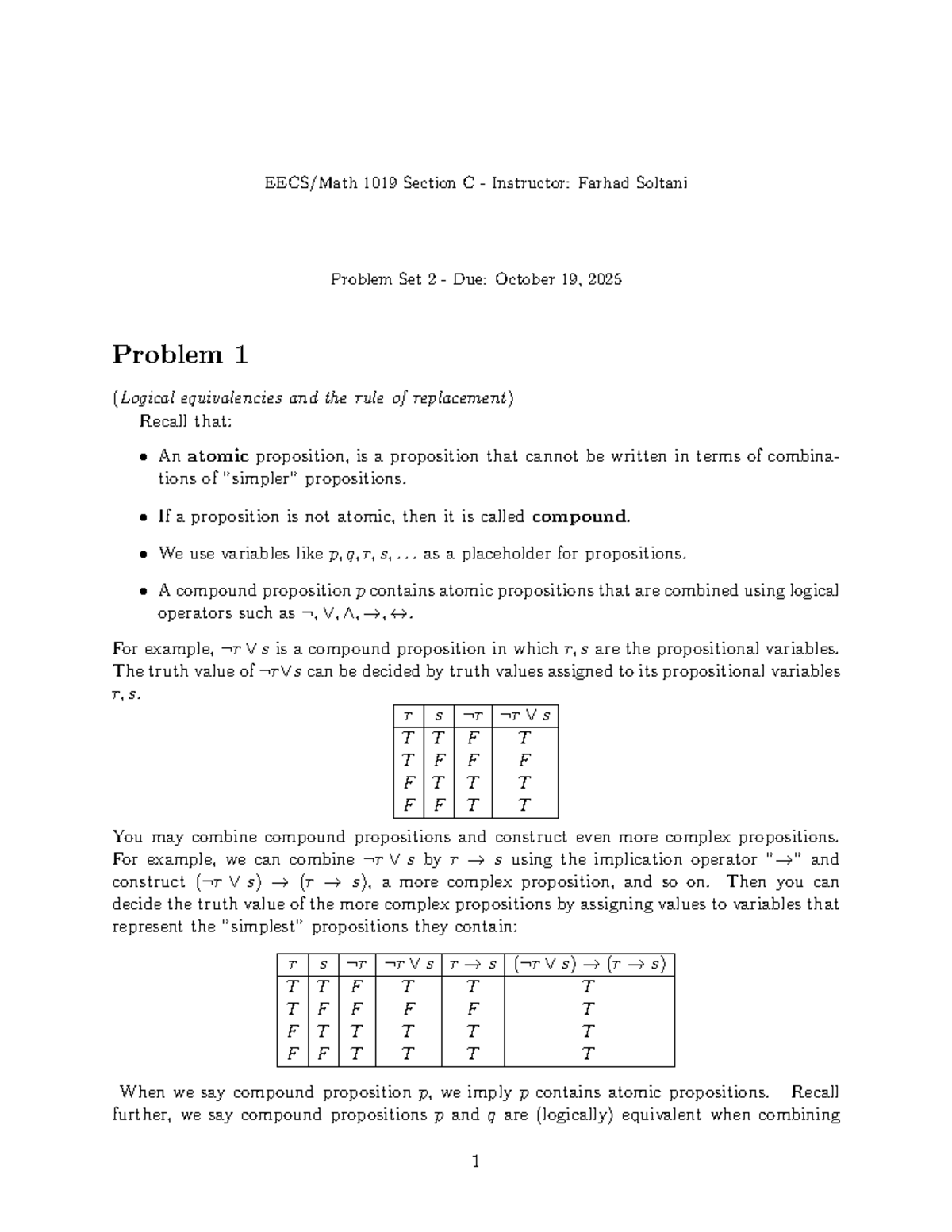 Math 1019C Problem Set 2: Logical Equivalencies & Inference Rules - Studocu